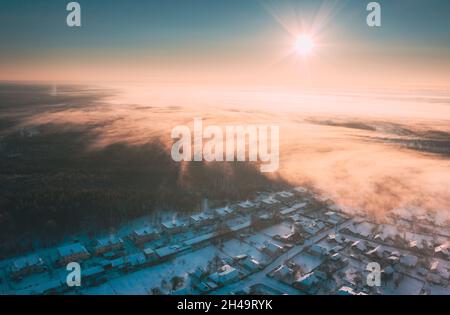 Aerial View Top Elavated View Winter Snowy Forest Landscape. Steam ...