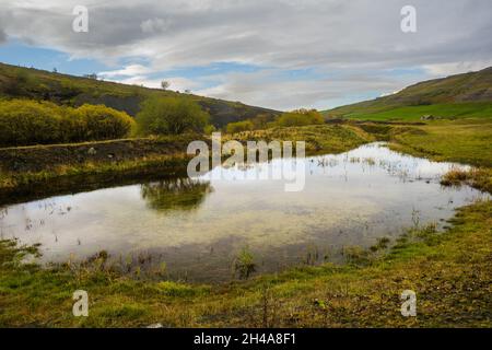 Waterfalls after heavy rainfall at Ingleton quarry located just to the ...