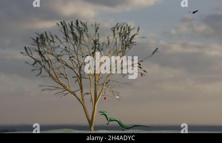 Adam and Eve cast out of the Garden of Eden. Biblical illustration. Old ...