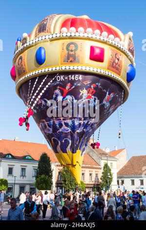 Hot air baloon decorated with Hungarian symbols: the holy crown, during ...