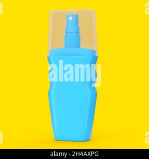 Blue sunscreens bottle or sunblock cream tube isolated on yellow ...