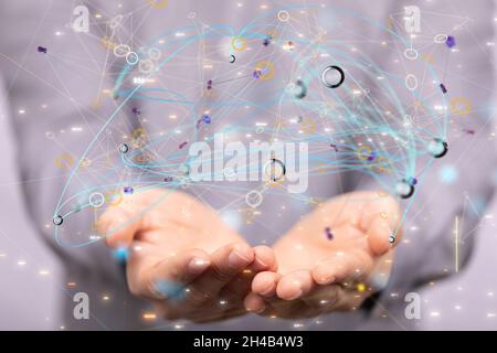 3D rendering floating connecting lines and binary digits on a man's hand - Concept of ...