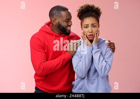 Boyfriend comforting worried nervous girlfriend attend dentist frowning ...