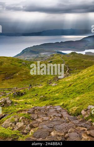 Dramatic stormy skies, sunbeams and mountain scenery at Storr, Isle of ...