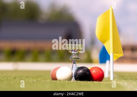 a set of colored croquet balls and a winners cup on the green lawn ...