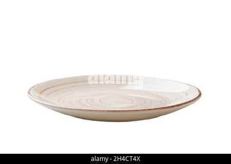 milky color ceramic round plate isolated over white background. Top ...