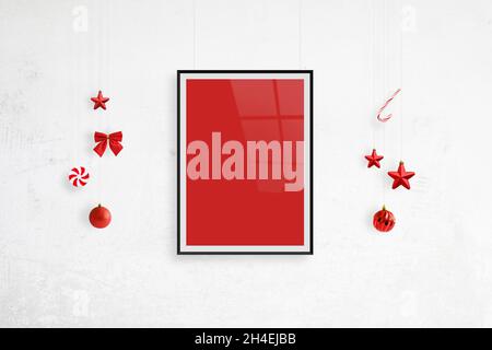 Poster Merry Christmas glass ball. Vector mini house, gift, and snowman ...