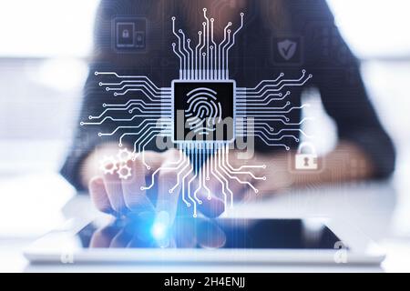 Fingerprint unlock cyber security data protection concept on virtual ...