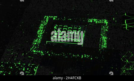 Circuit board with moving electrons, CPU processing data. Abstract ...