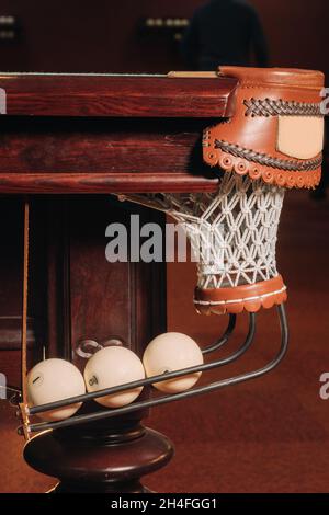 A pool table with balls that have already been played in the pool club ...