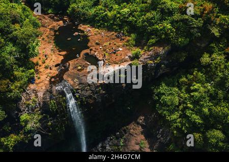 Aerial view from above of the Tamarin waterfall seven cascades in the ...