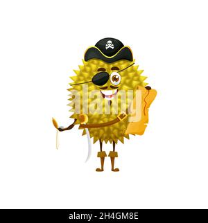 Cartoon durian fruit pirate character wielding gun and sword, tough and ...