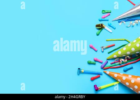 Holiday hats, whistles, balloons on old wooden background. Concept of ...