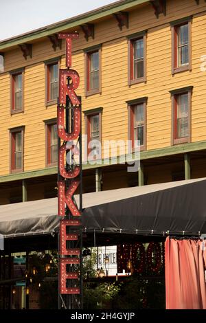 Truckee, California, USA - July 19, 2021: An Amtrak sign with the city ...