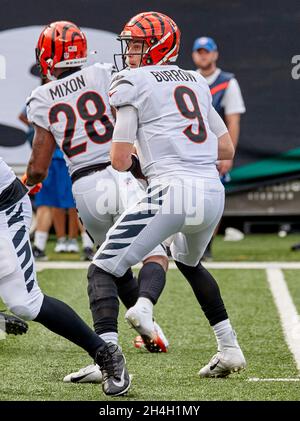 Cincinnati quarterback Joe Burrow (9) looks for a receiver during their ...