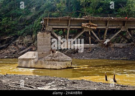 Flood disaster 2021, a destroyed bridge over the river Ahr, Mayschoss, Ahr Valley, Germany ...