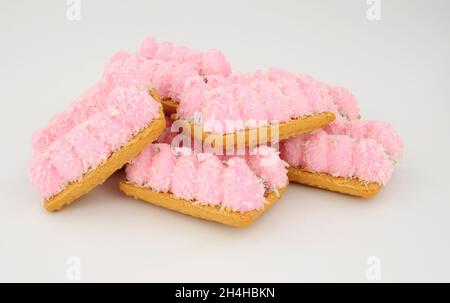 Group of jam mallows soft crumbly biscuits topped with pink mallow and ...