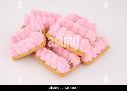 Group of jam mallows soft crumbly biscuits topped with pink mallow and ...