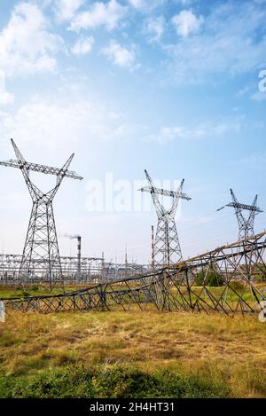 A landscape view of the Transmission tower in the snow-covered ...