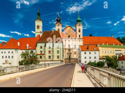 Steyr - June 2020, Austria: View of the Steyr Bridge with a modern bus ...