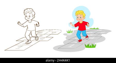 The boy playing Hopskotch, jumps on one leg while . Coloring book ...