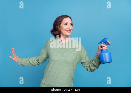 Photo of good mood optimistic girl straight hairdo green sweater ...