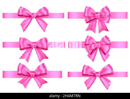 Pink gift bows set isolated on white background. Christmas, New Year, birthday decoration ...
