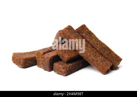 Toast bread crumbs isolated on white background. A piece of brown bread ...