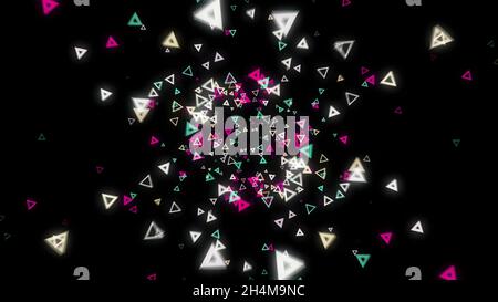 Abstract cluster of numerous multicolored neon triangles floating in an ...