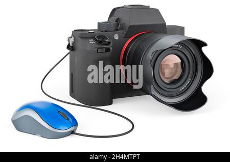 Camera lens with computer mouse. 3D rendering isolated on white ...