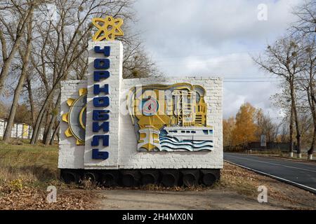 Chernobyl town sign with symbols of the shipyard and an atom Stock ...