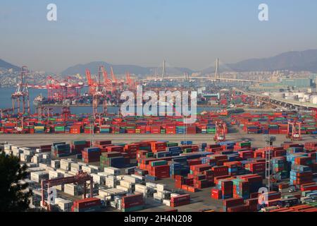 Container terminal in the Port of Busan largest harbor in South Korea ...