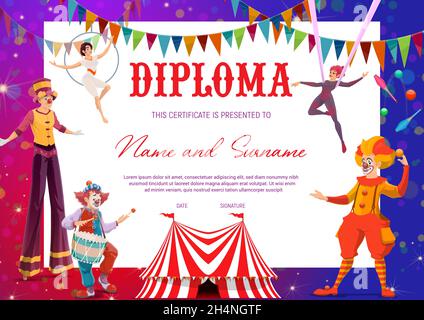 Kids diploma with circus clowns and gymnast. Education vector ...