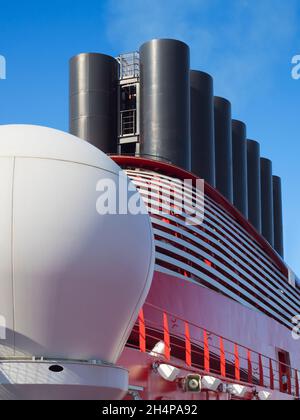 Superstructure and funnels of a liner at sea. One of the oddities of ...