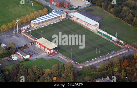 aerial view of Batley Rugby League Club stadium, West Yorkshire, UK ...