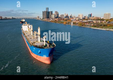 Detroit, Michigan - Oceangoing ships anchored in the Detroit River near ...