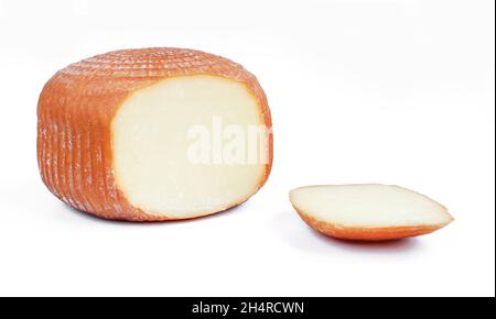 Smoked Kashkaval cheese sliced on white background. Balkan delicatessen ...