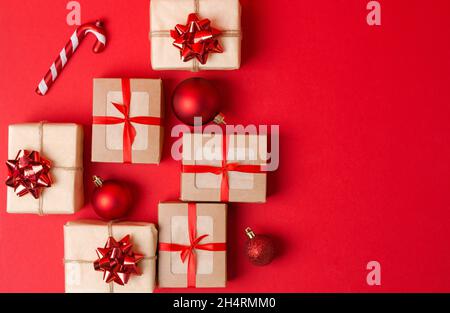 Closed gift box with decorations on a white background. Copy space ...