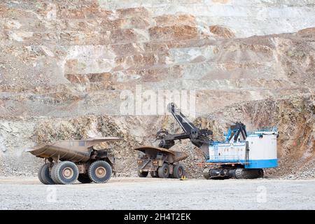 Electric rope shovel loading a dump truck at a copper mine in Peru ...