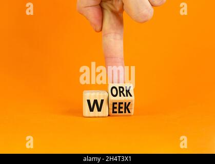 Work week symbol. Businessman turns wooden cubes with words 'Work week ...
