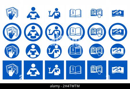 Set of Refer to instruction manual signs. Vector illustration of circular blue signs with hand ...