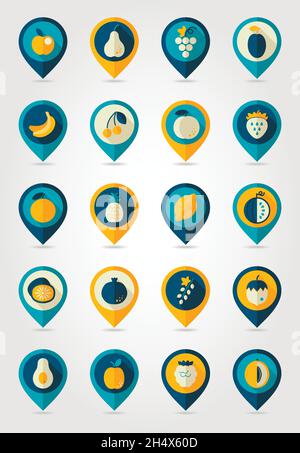 Fruits mapping pins icons with long shadow, eps 10 Stock Vector Image ...