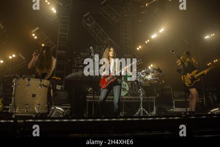 HAIM perform live on stage during the BBC 6Music Festival at Victoria ...