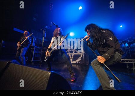 Joey Belladonna, Scott Ian and Frank Bello of Anthrax live on stage ...