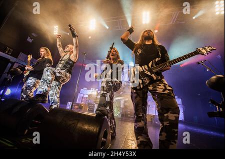 Par Sundstrom of Sabaton performing live on stage during Bloodstock ...