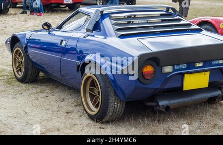 Rear view of a classic Italian rally deprivo, the Lancia Beta in gray ...