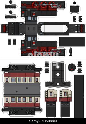 The paper model of a vintage steam locomotive and a green freight wagon ...