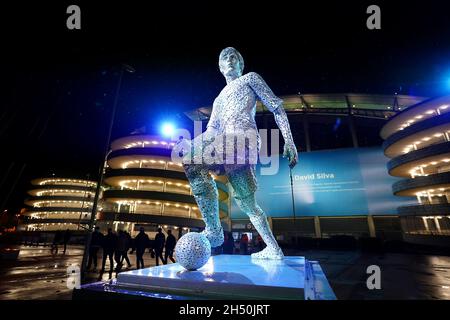 A general view of the David Silva statue at The Etihad Stadium ...