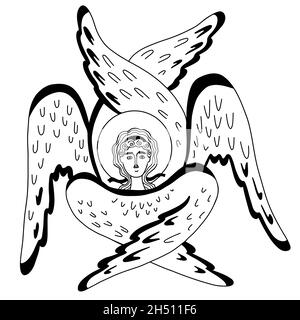 Religious symbol. Seraph, six winged Angel. Vector illustration. Line ...