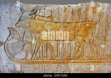 Ancient Egyptian wall painting of the god Geb. This god of the earth is ...